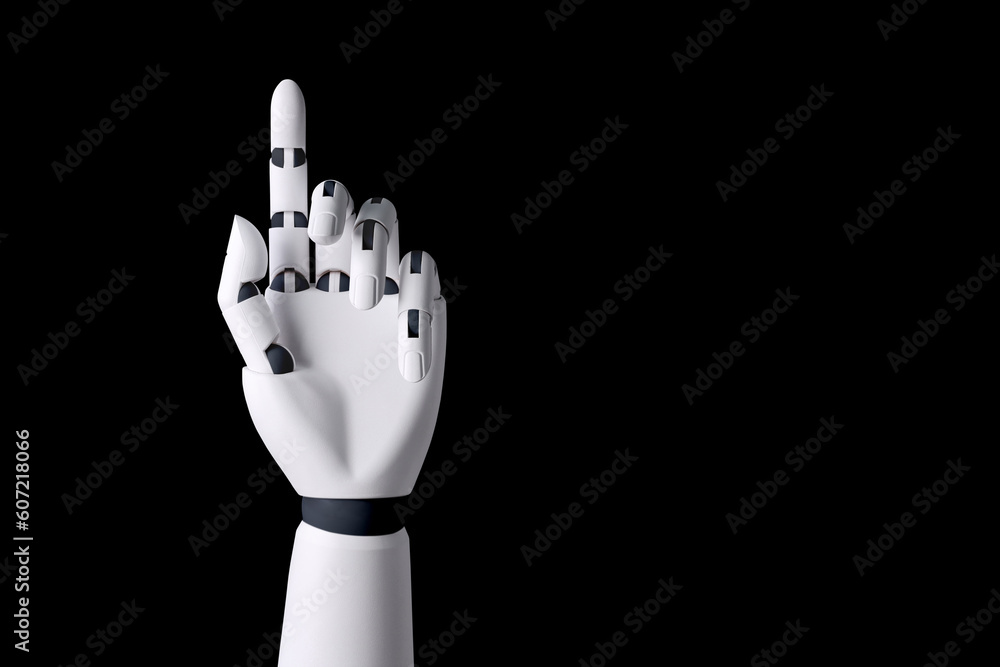 Robot hand finger making contact or pressing something on dark isolated ...