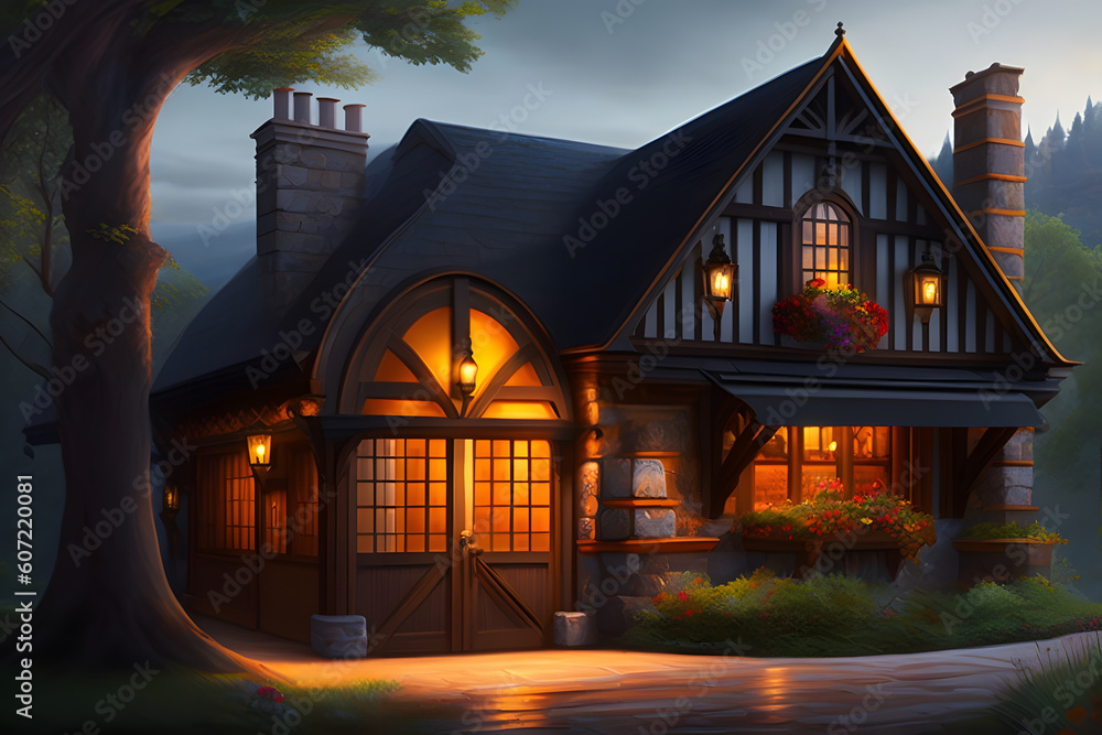 beautiful art of a medieval two story house in midnight view Stock ...