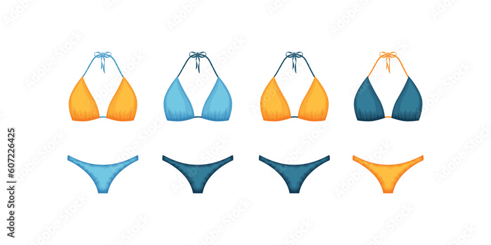Swimwear set. A separate swimsuit in blue and yellow. Collection of ...