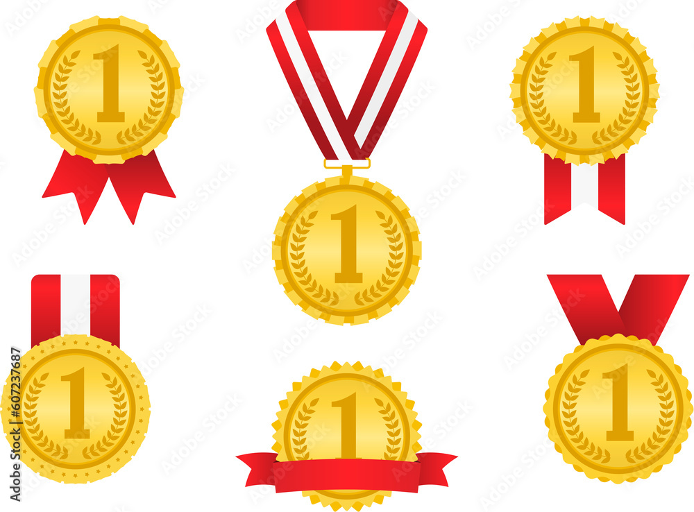 Set of different golden medals with red ribbons Stock Illustration ...