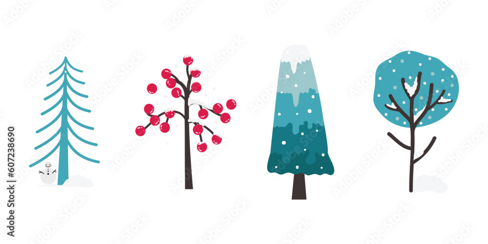 Cartoon Winter Tree Illustration. Winter snow-covered trees. Elements ...
