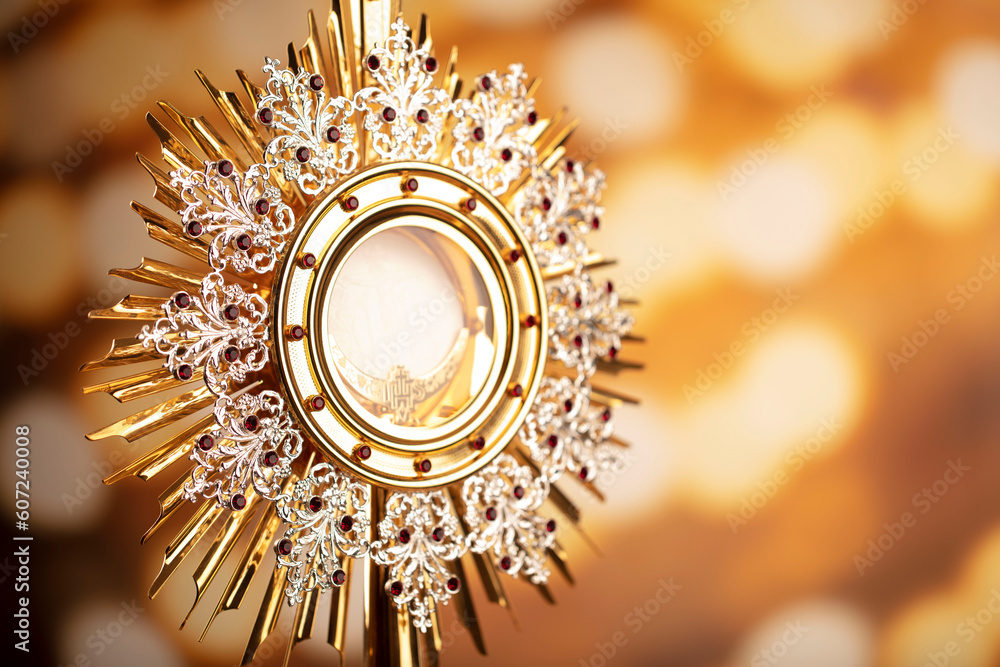 Catholic religion concept. First Holy Eucharist.The monstrance. Stock ...