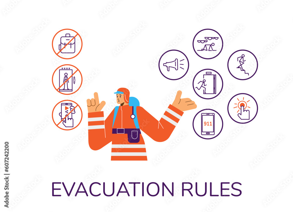 Infographic with fireman about evacuation rules flat style Stock Vector ...