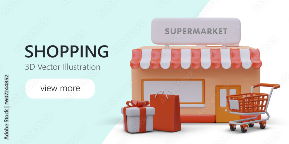 3d supermarket with orange cart and shopping box near. Advertising ...