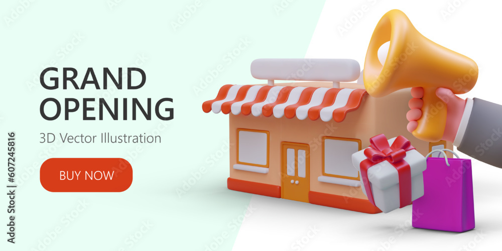 Grand opening of store. Loud announcement for all buyers. 3D person ...