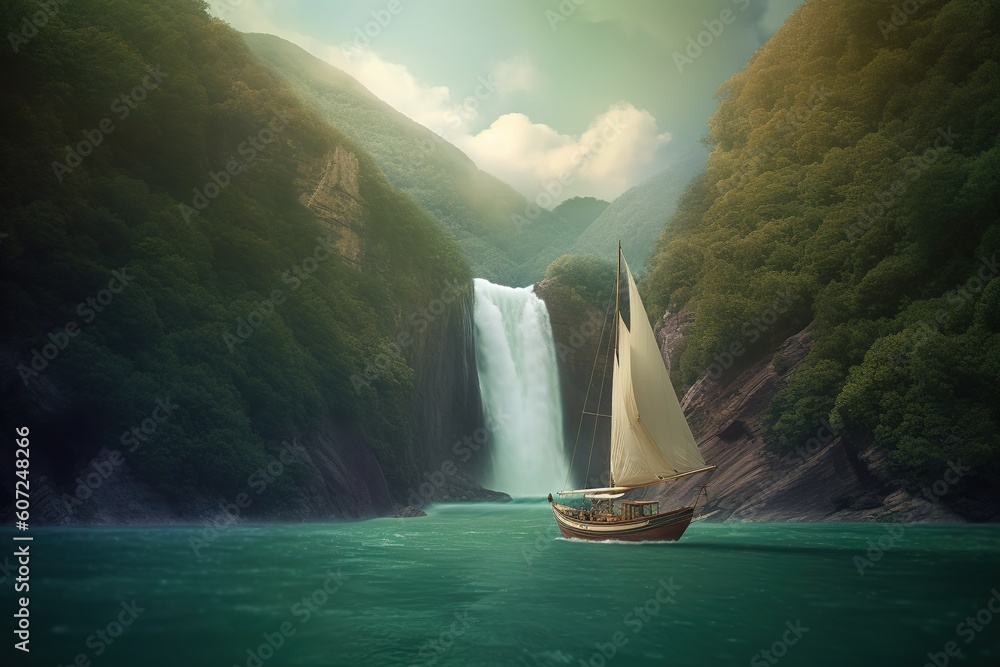 a boat gliding peacefully in a body of water next to a waterfall ...