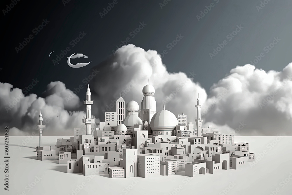 Generative AI illustration of Muslim City with many mosques floating in ...