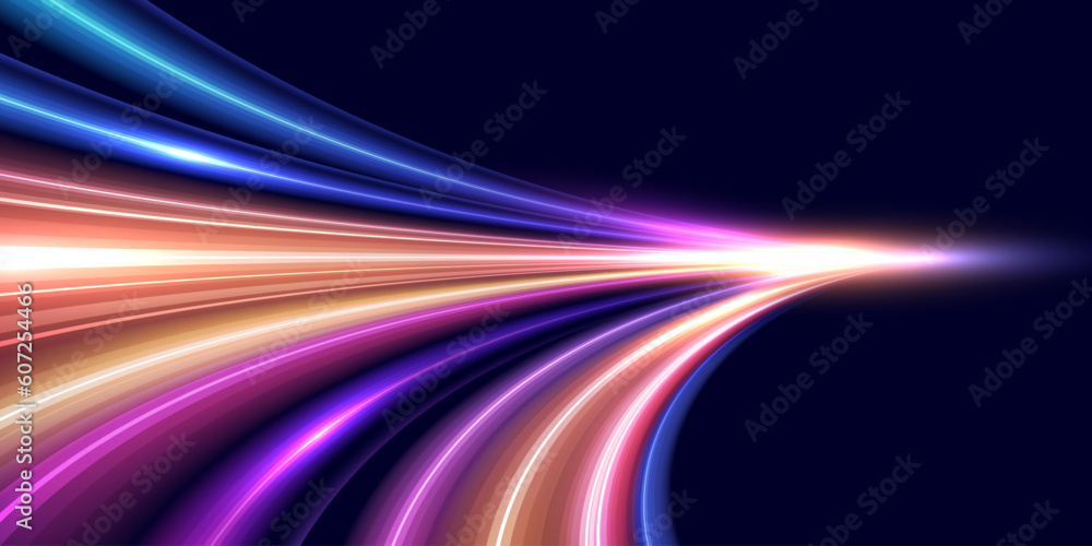 Modern abstract high-speed movement effect on dark blue background. Dynamic curve light trails ...