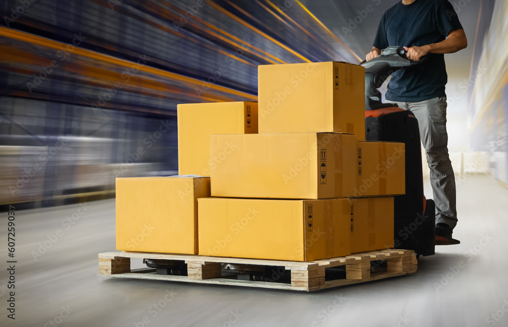 Speed Motion Of Workers Unloading Package Boxes On Pallets In Warehouse
