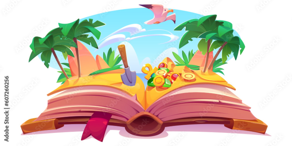 Adventure story kid fairy tale open book with gold treasure to search ...