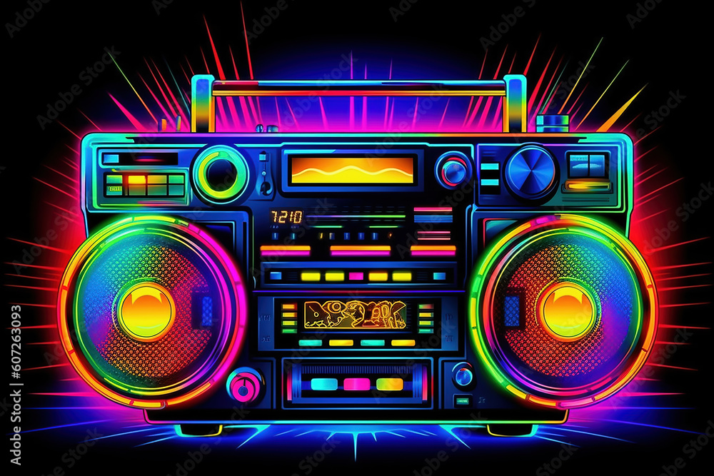Neon psychedelic 1980s' style ghetto blaster with speakers and cassette ...
