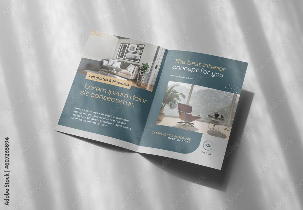 Mockup of customizable A4 bi-fold open leaflet against customizable ...