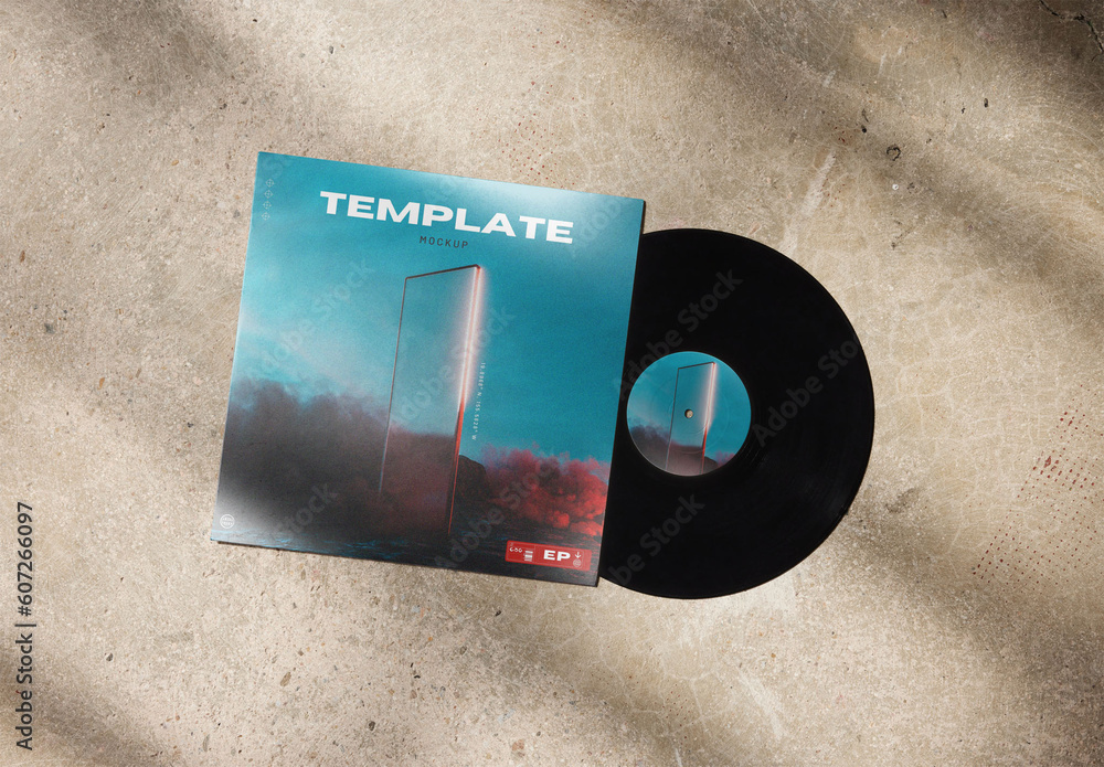 Mockup of customizable LP vinyl record album sleeve and label against ...
