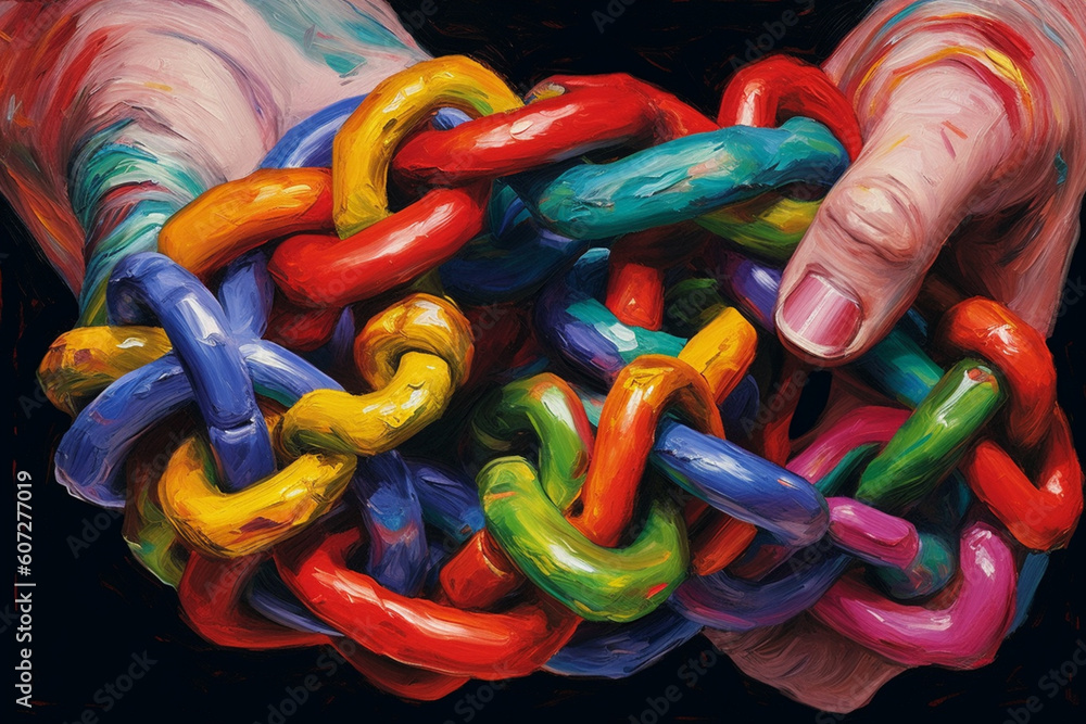 An abstract painting featuring a distorted image of a human hand ...