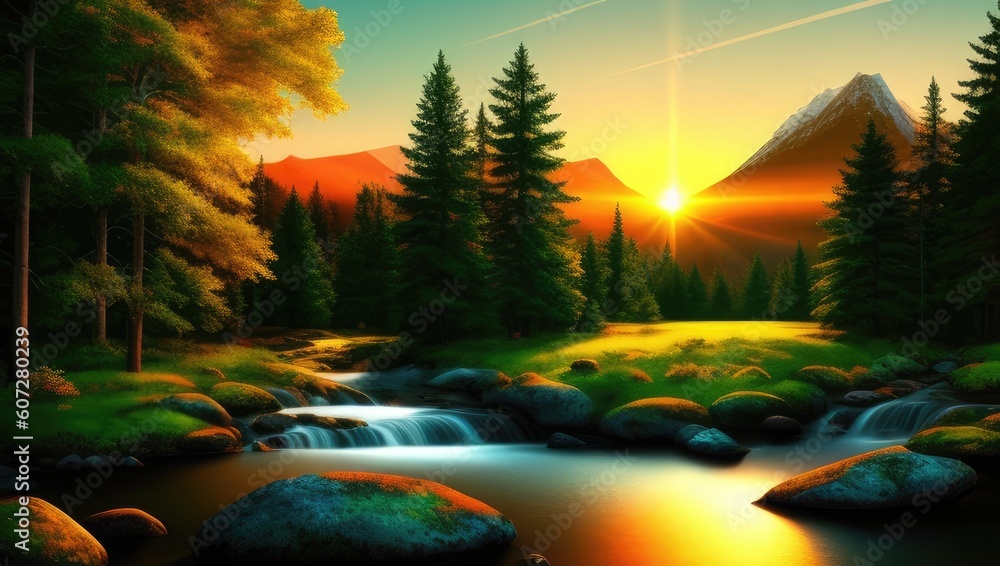 Perfect view of the landscape of sunset golden hour the mountains ...