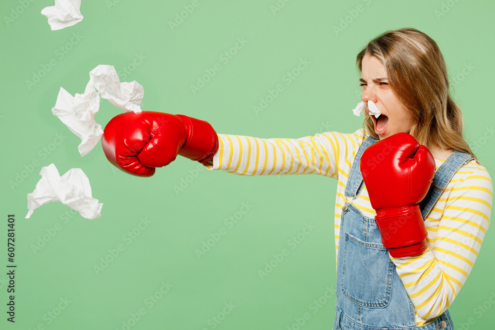 Side view unhealthy ill strong woman has red watery eye runny stuffy ...