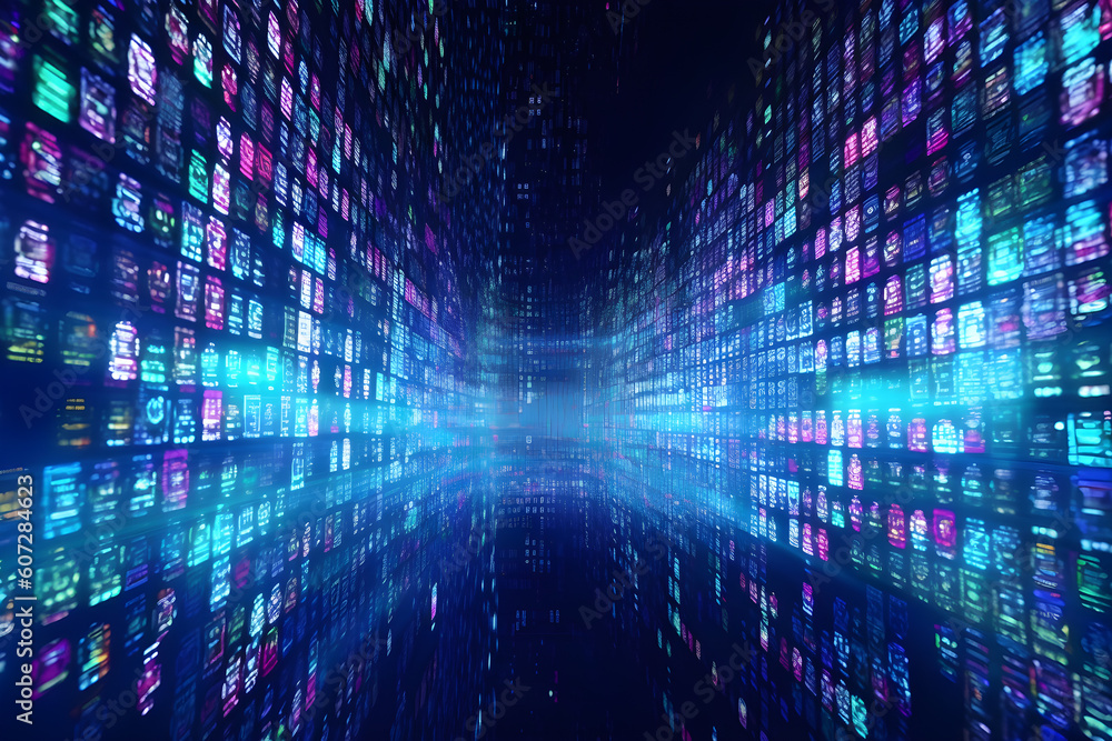 Blue digital grid of monitor screens, hi-tech, cyberspace, social media ...