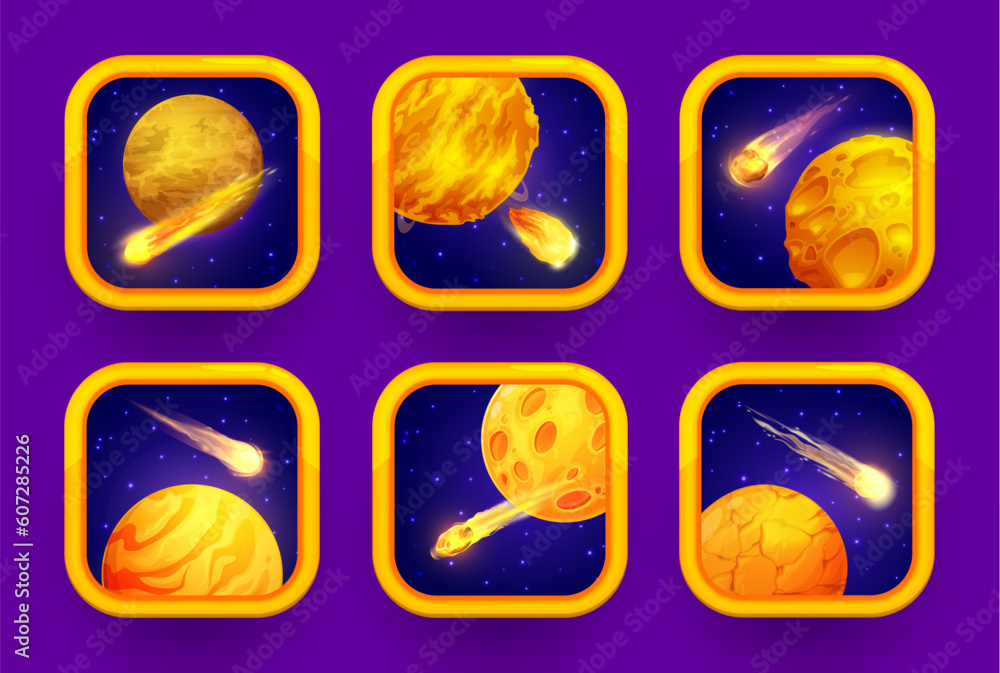 Cartoon space game app icons, yellow planets and asteroid, vector ...