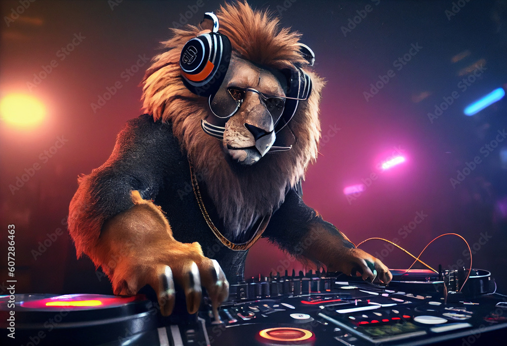 Lion DJ in action. Anthropomorphic animal having fun at the trendy club ...