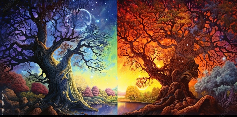 Colorful trees of Life. Symbol of the life cycle and the link between ...