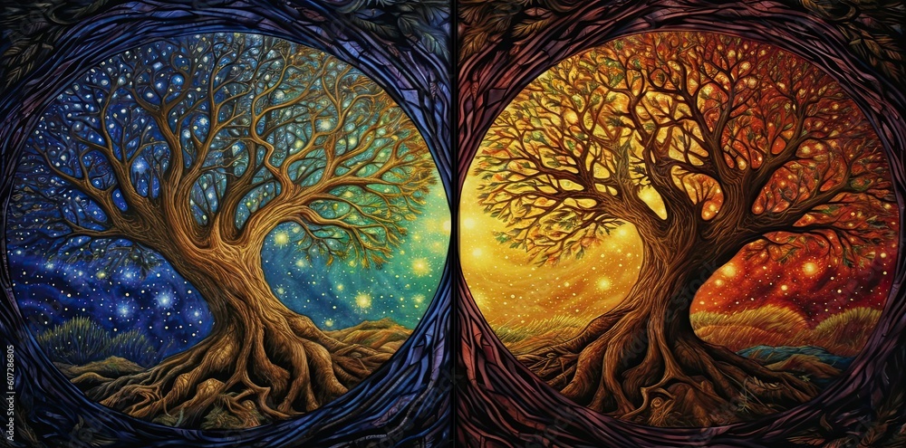 Colorful trees of Life. Symbol of the life cycle and the link between ...