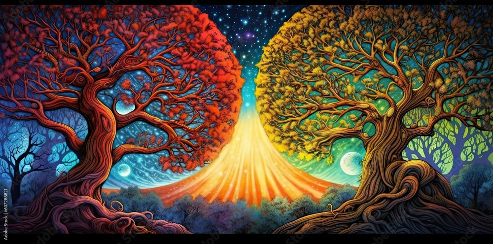 Colorful trees of Life. Symbol of the life cycle and the link between ...