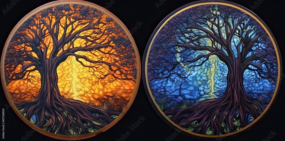 Colorful trees of Life. Symbol of the life cycle and the link between ...