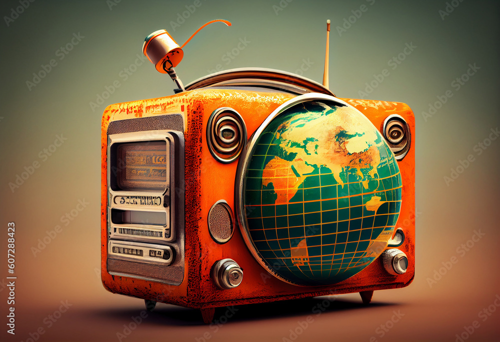 Vintage radio with planet earth. World radio day theme concept ...