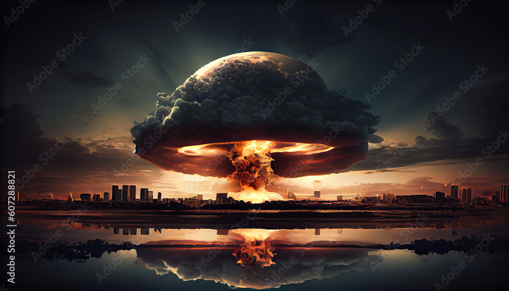 Big nuclear explosion mushroom cloud effect over city skyline for ...