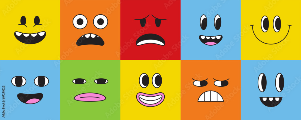 Vector cartoon faces, abstract design mascots - y2k stickers and badges ...