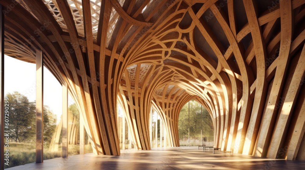 Timber library structures in a parametric design. Generative AI. Stock ...