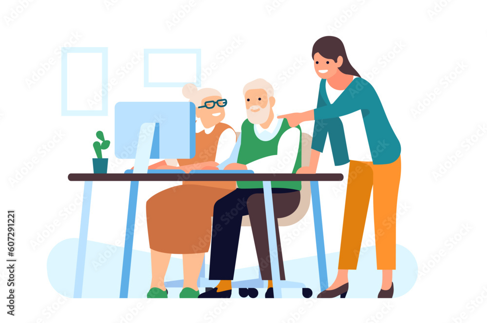 Granddaughter helps elderly parents figure out computer. Daughter ...