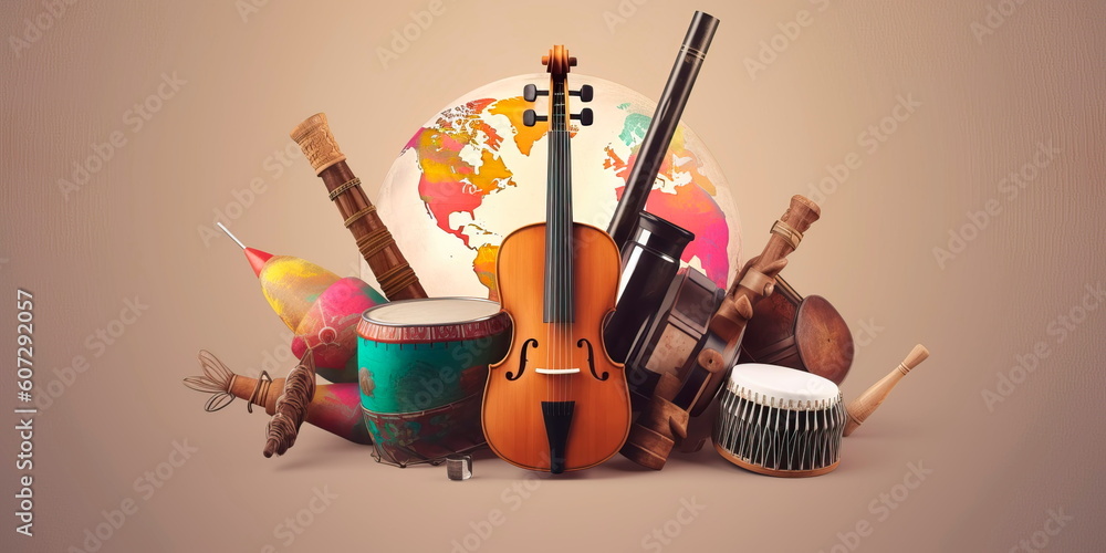 World Music Day featuring iconic instruments from various cultures and ...