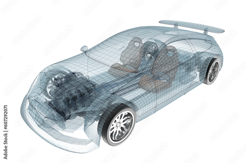 Car design, wire model. my own design. 3D illustration with transparent ...