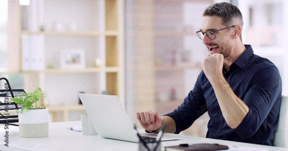 Business man, laptop and celebration in office with fist for win ...