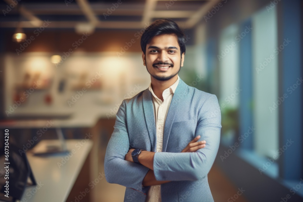 Young smart indian businessman, smiling face, standing in blur ...