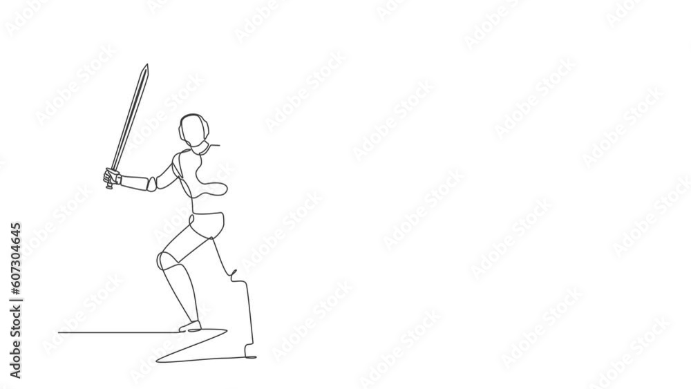 Self drawing animation of single line draw robot with sword shield ...