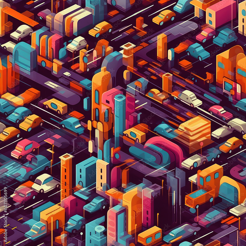 Busy futuristic city transportations cars and interchanges seamless ...