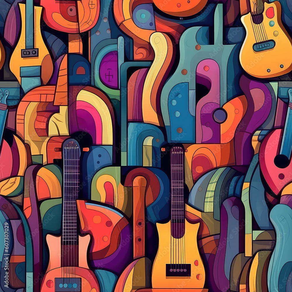 Guitars musical instruments seamless repeat pattern - fantasy colorful ...