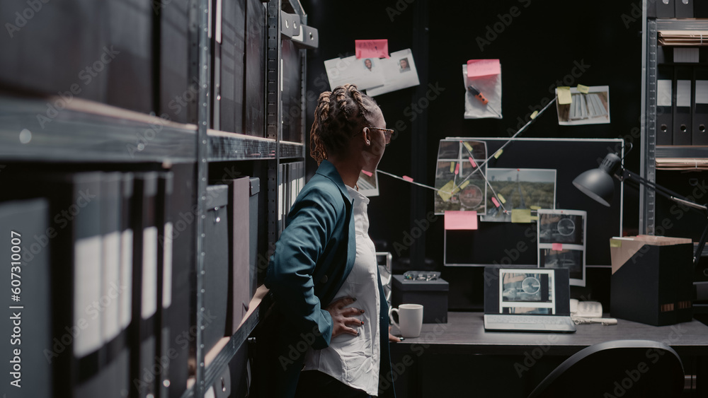 Poster Law enforcement agent checking detective evidence map to find ...