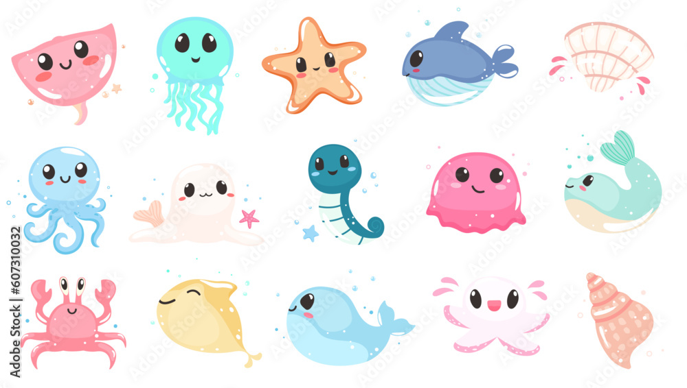 Cute cartoon sea animals with eyes, smiling sea animals, colorful ...
