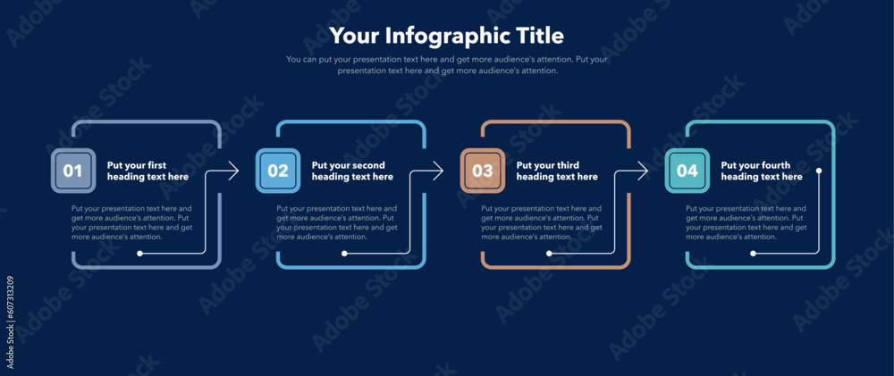 Rectangular process infographic template with four steps - dark version ...