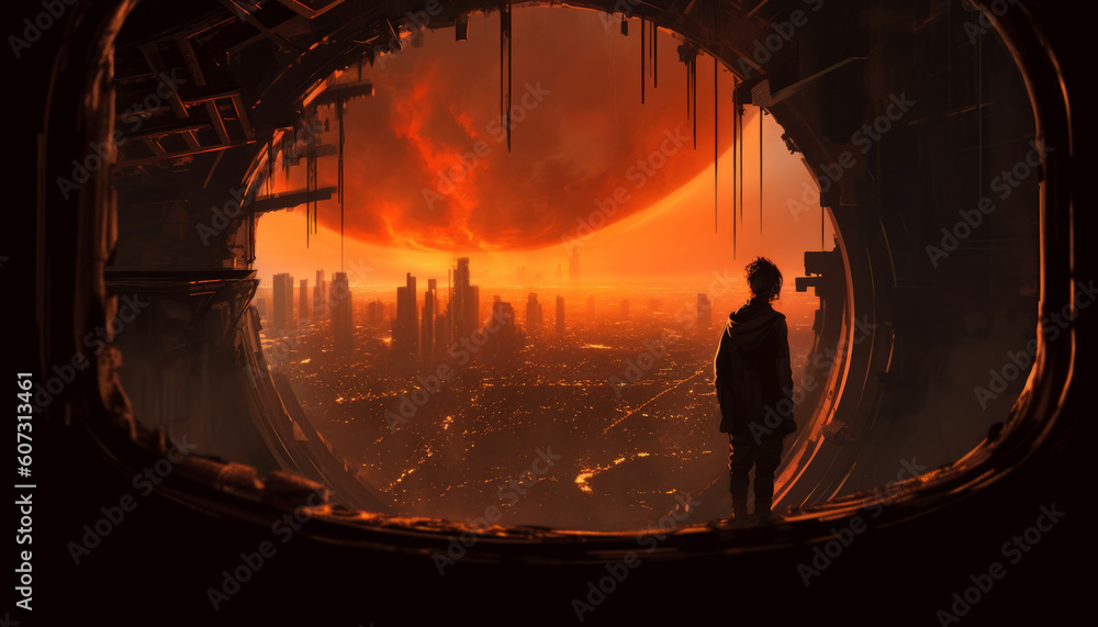 Man in the passage to the shelter of the post-apocalyptic world. The ...