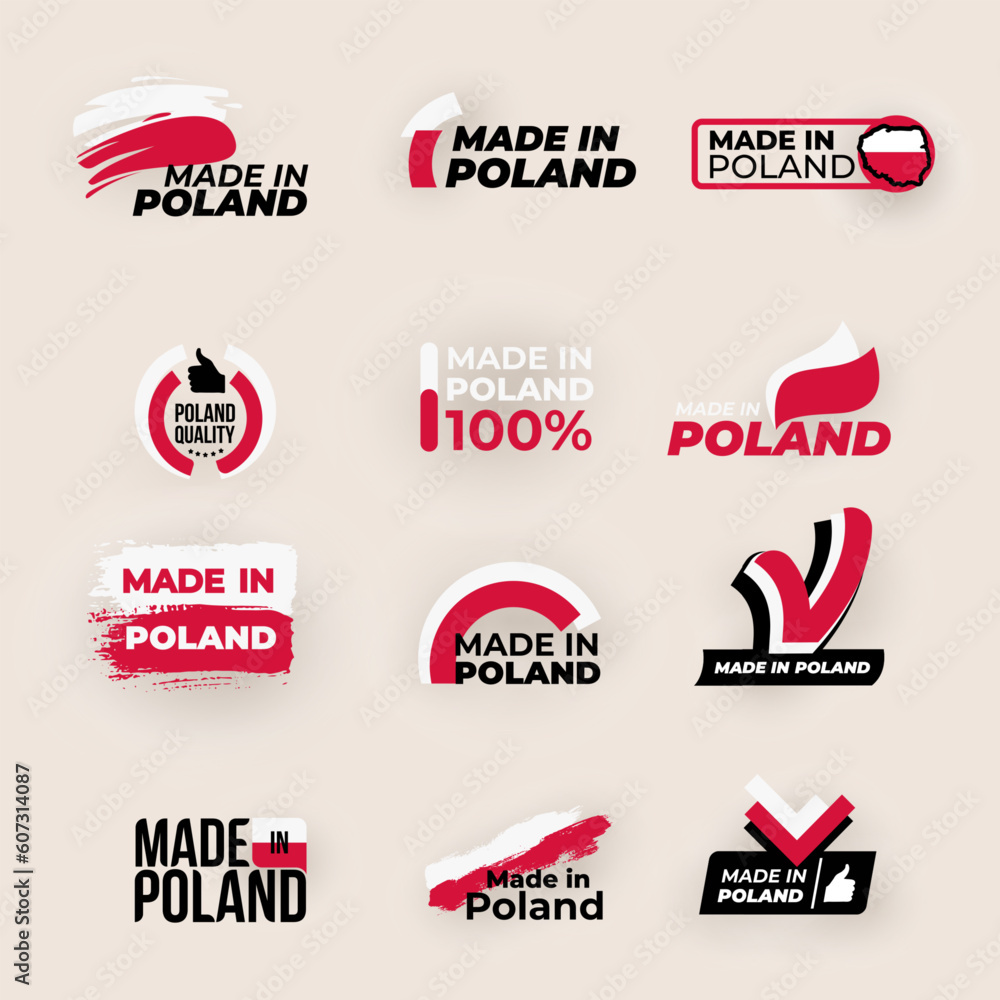 Made in Poland set. Wyprodukowano w Polsce. Simple icon. Logos, labels ...