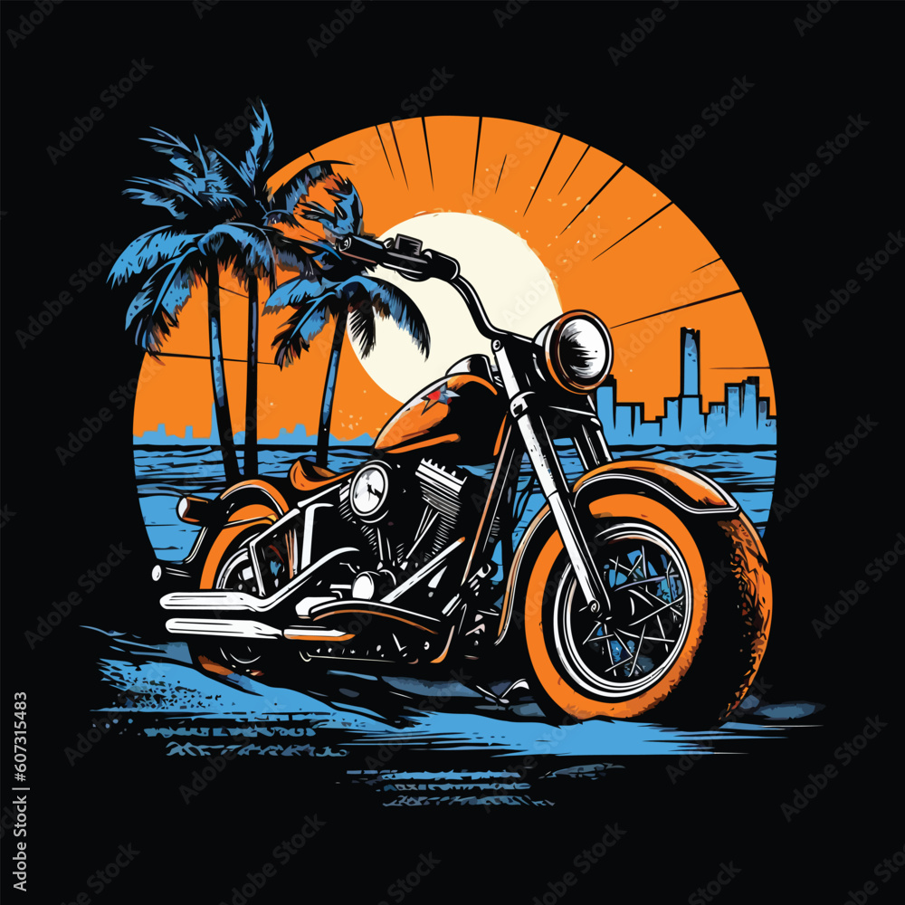 Motorbike on the beach with pump tree and sunset background. Stock ...