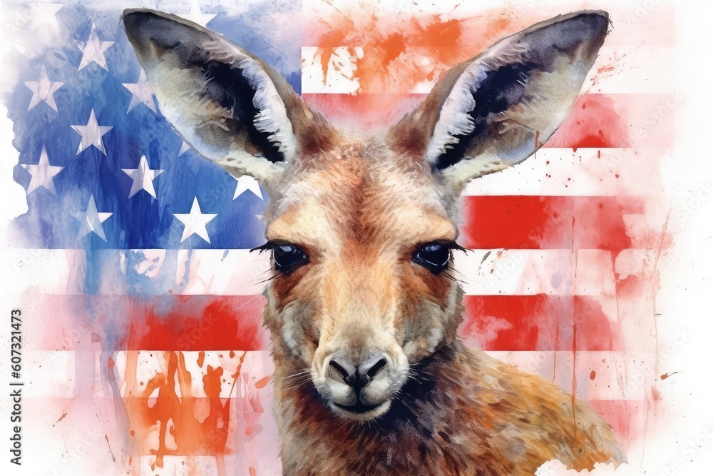 Watercolour of kangaroo head with forest and USA Flag Background, an ...