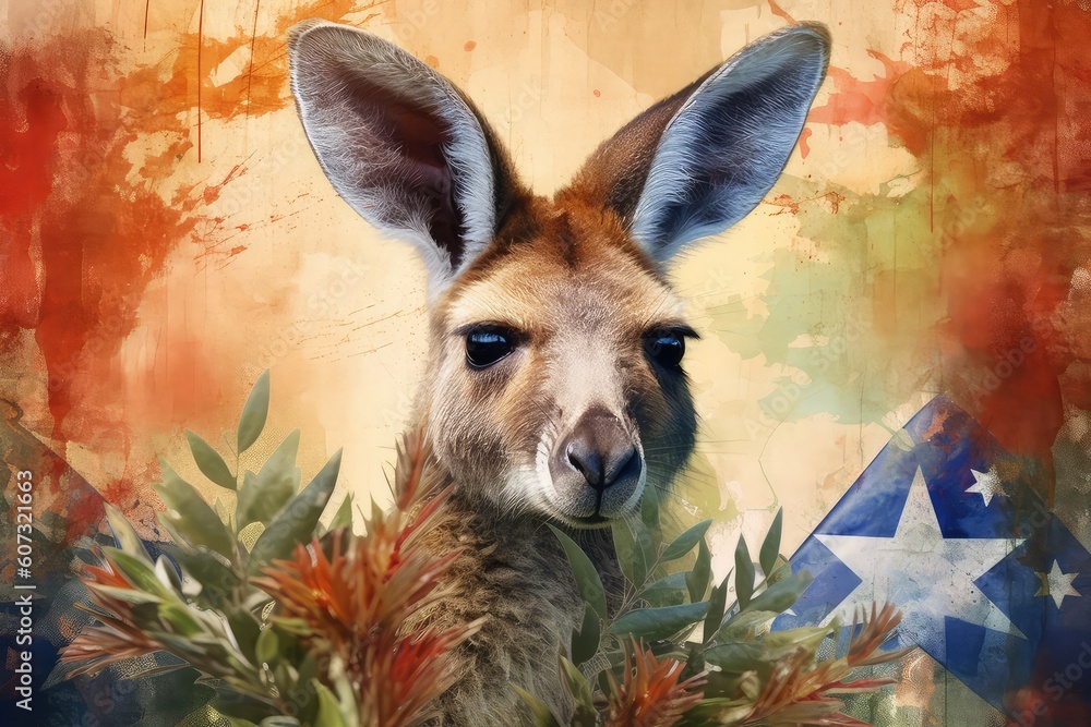 Watercolour of kangaroo head with forest and USA Flag Background, an ...