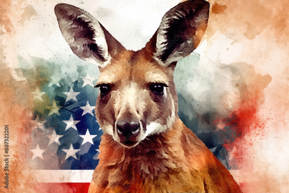Watercolour of kangaroo head with forest and USA Flag Background, an ...