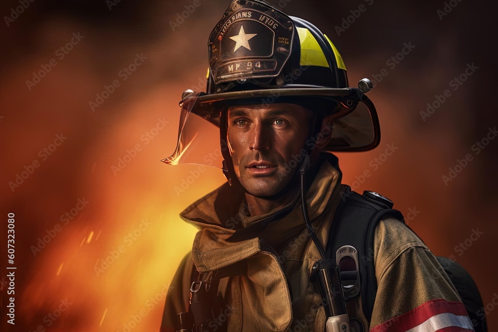 Firefighter Wearing Firefighter's Helmet in Front of Fire - Painting ...