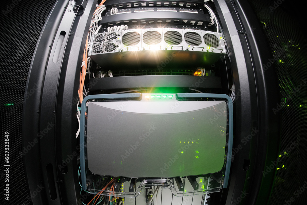 Network equipment in server room. Large switch for LAN in office ...